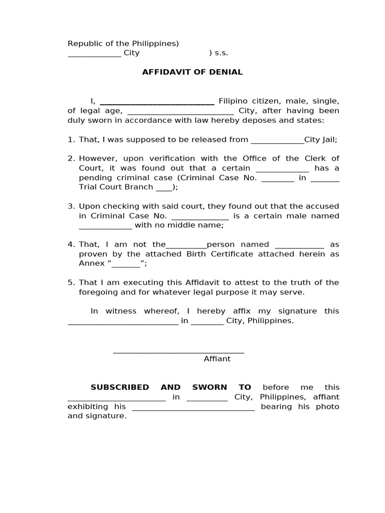 Affidavit of Denial Template Philippines | PDF