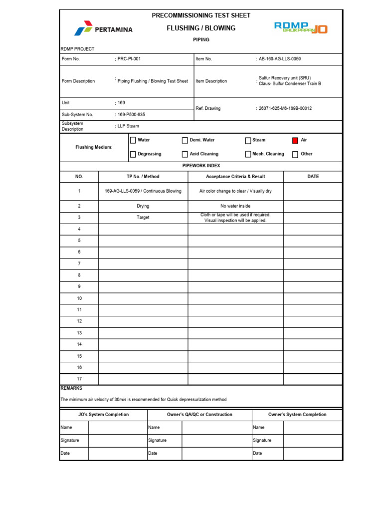 Piping Flushing & Blowing Test Sheet | PDF | Mechanical Engineering | Gases