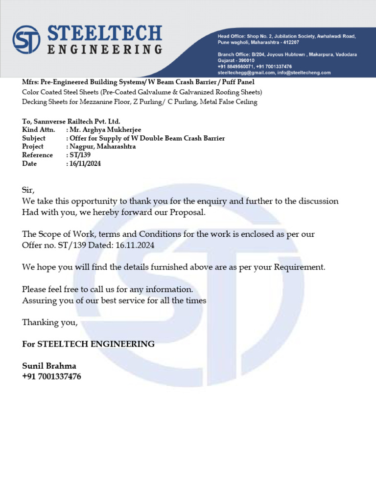 Quotation For Supply of W Double Beam Crash Barrier Mr. Arghya Mukherjee | PDF | Building ...