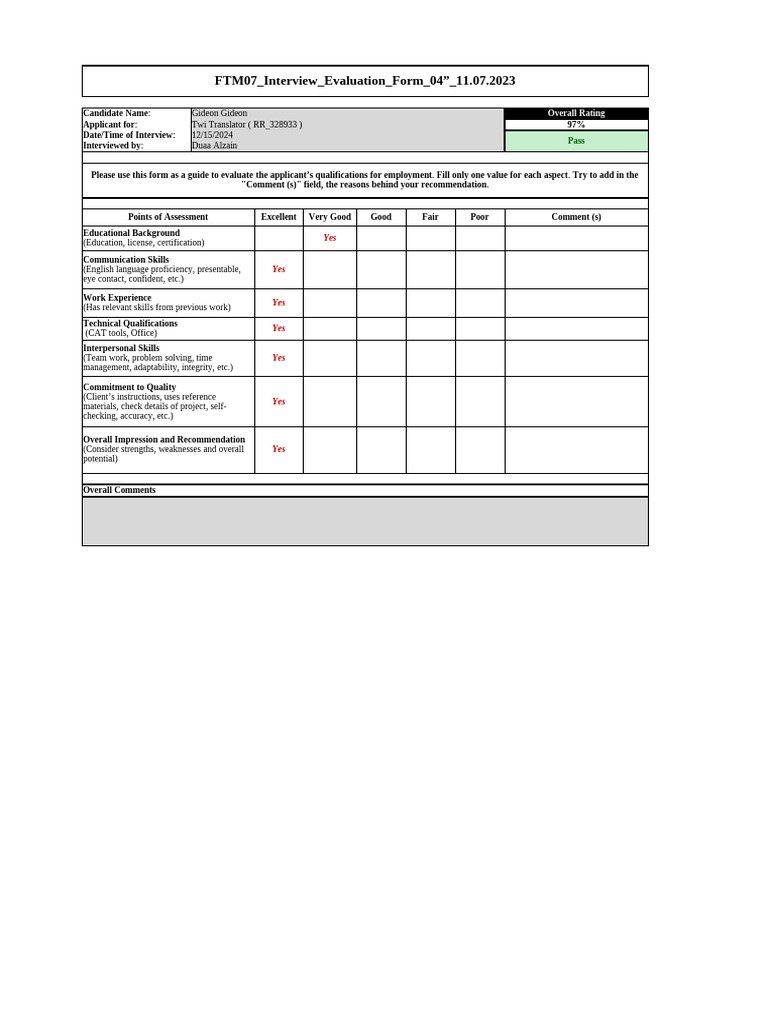 FTM07 Interview Evaluation Form Gideon Gideon | PDF