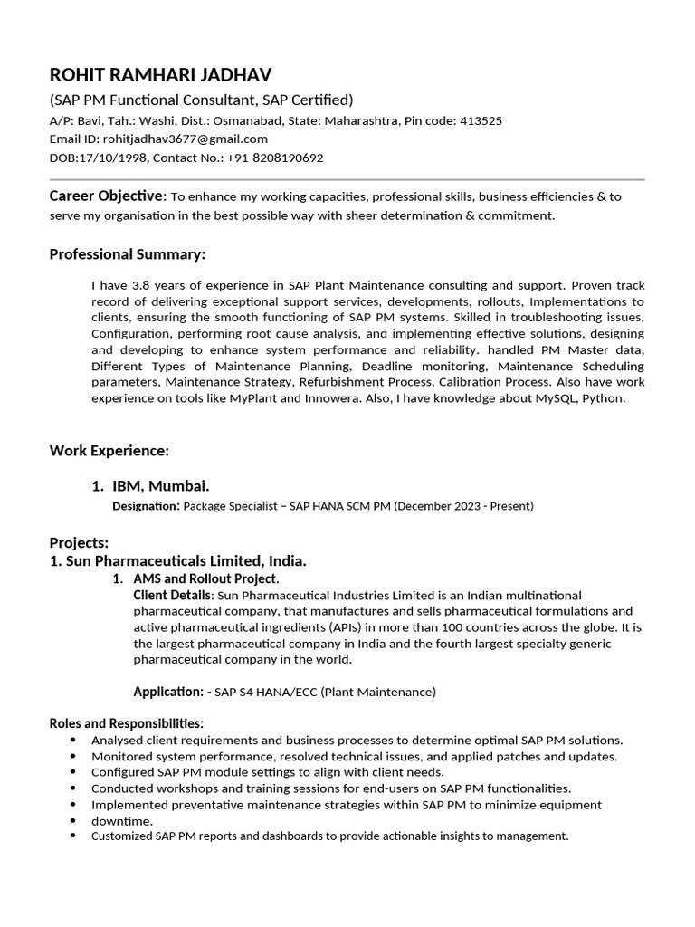 Rohit Resume SAP PM Rev6 | PDF | Reliability Engineering