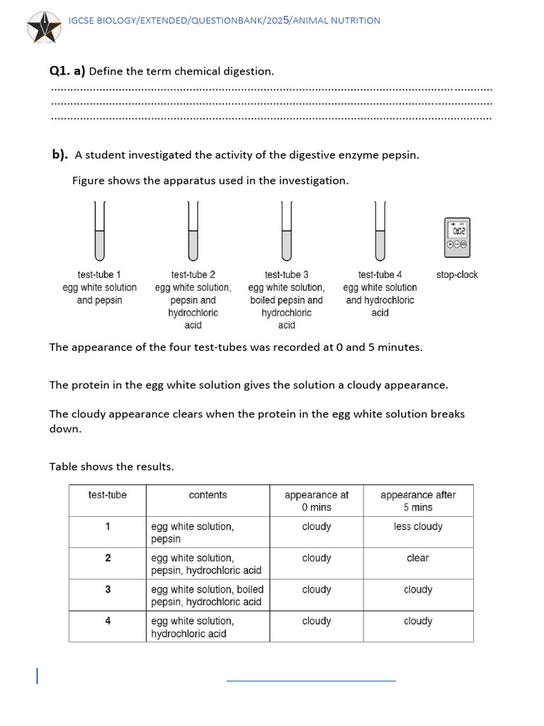 IGCSE Biology Question Bank On Animal Nutrition | PDF | Digestion ...