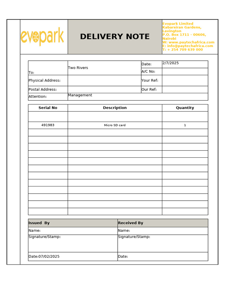 Evopark Limited Delivery Note | PDF