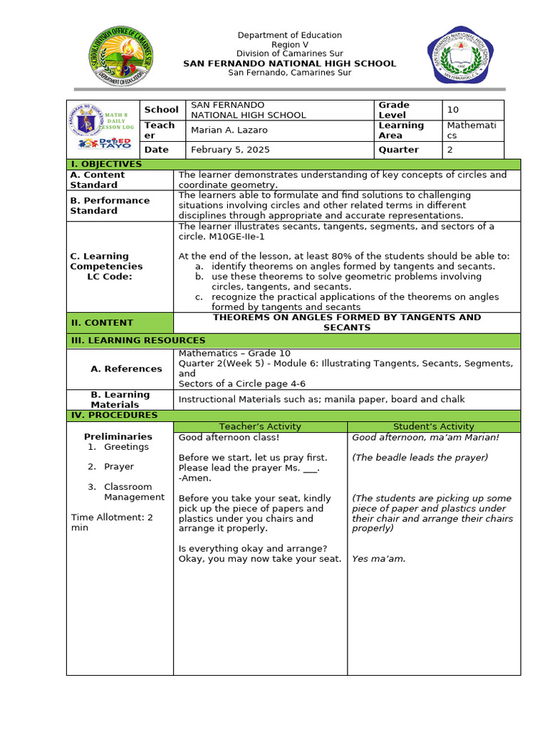 Q2-Module 6 (Theorems of Angles Formed by Tangents and Secants - DLP) | PDF | Circle ...