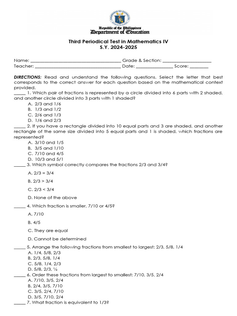 Third Periodical Test in Math 4 Sy 24 25 | PDF | Mathematics