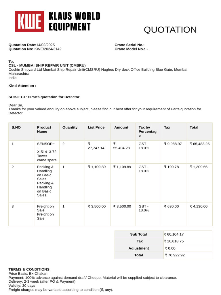 QT_Parts quotation for Detector | PDF
