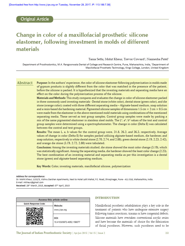 Change in Color of A Maxillofacial Prosthetic Sili | PDF | Color | Silicone