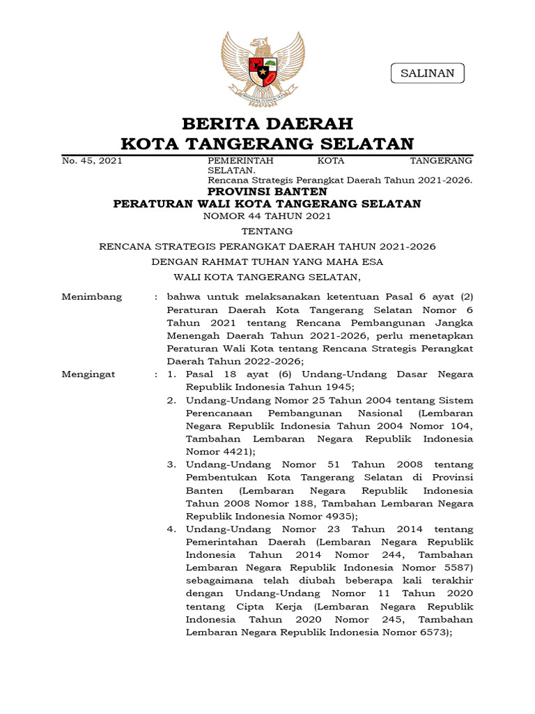 Perwal Tangsel 44 2021 TTG Renstra Perangkat Daerah 2021 2026 Dinsos | PDF