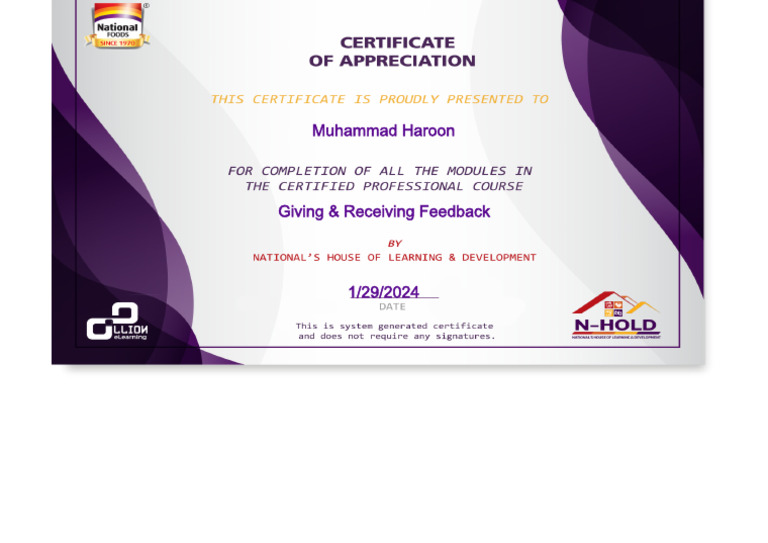 CertificateOfCompletion (Giving and Receiving Feedback) | PDF