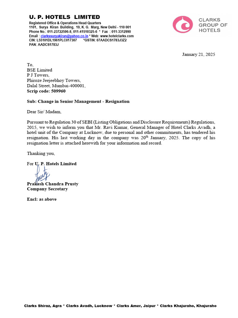 Bse Intimation Resignation of General Manager 21.01.2025 | PDF