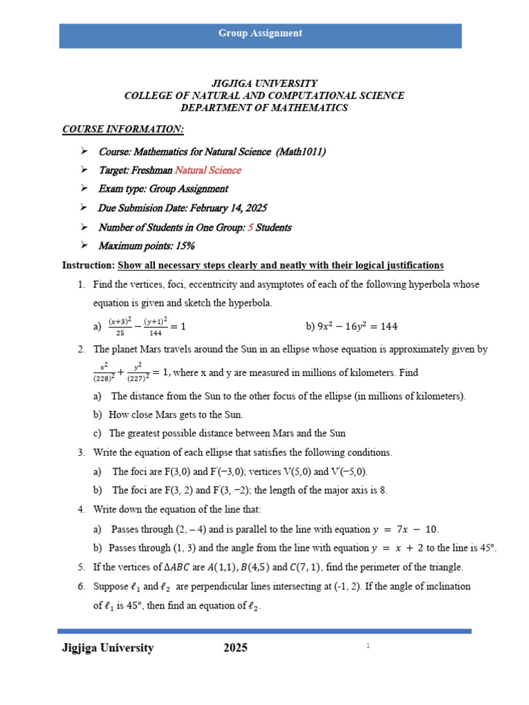 Group Assignment For Freshman (NS) | PDF | Ellipse | Analytic Geometry