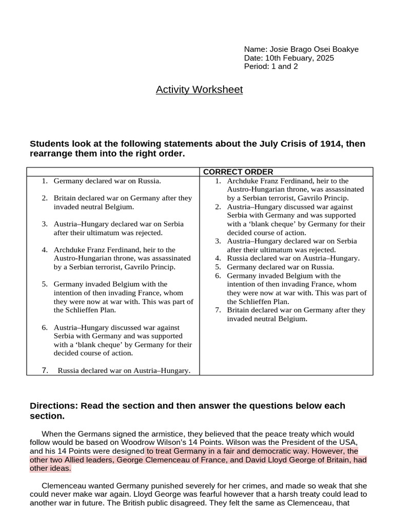 Treaty of Versailles Worksheet | PDF | Treaty Of Versailles | German Empire