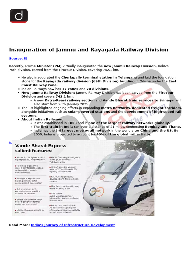 Inauguration of Jammu and Rayagada Railway Division: Source: IE | PDF