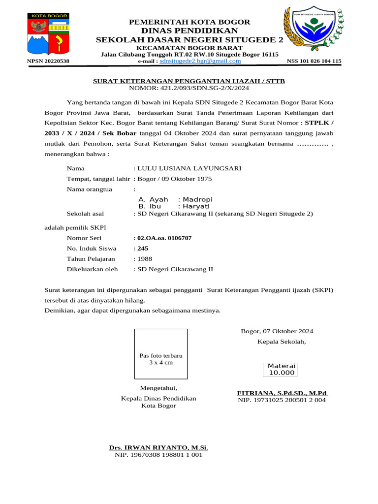 Surat-Keterangan-Pengganti-Ijazah-Skpi-Dari-Sekolah - LULU | PDF
