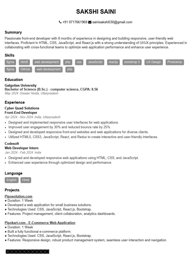 sakshi saini new resume | PDF