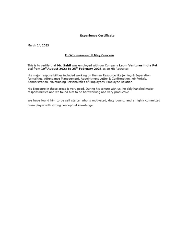 Reliving 2BExperience Letter | PDF