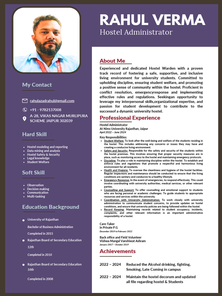 Hostel Administrator Profile: Rahul Verma | PDF | Disciplines