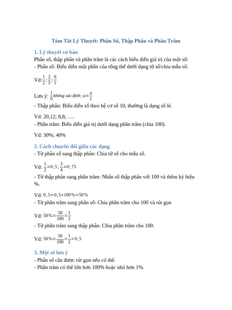Tom Tat Ly Thuyet Phan So Thap Phan Phan Tram | PDF