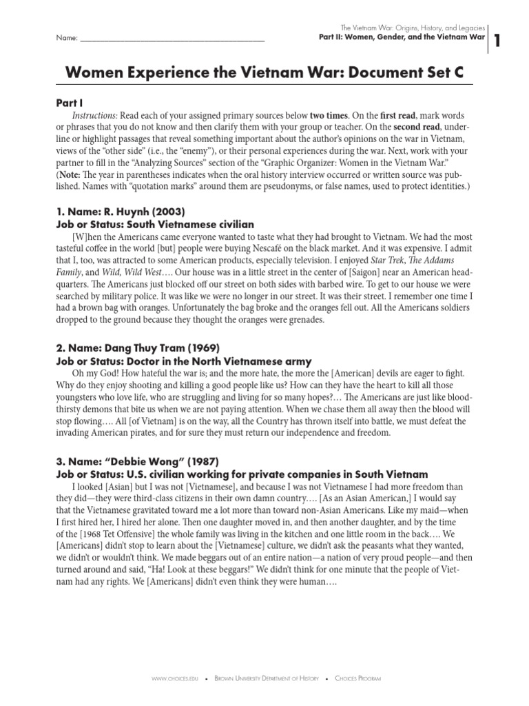 Women Experience The Vietnam War Document Set C | PDF | Viet Cong ...