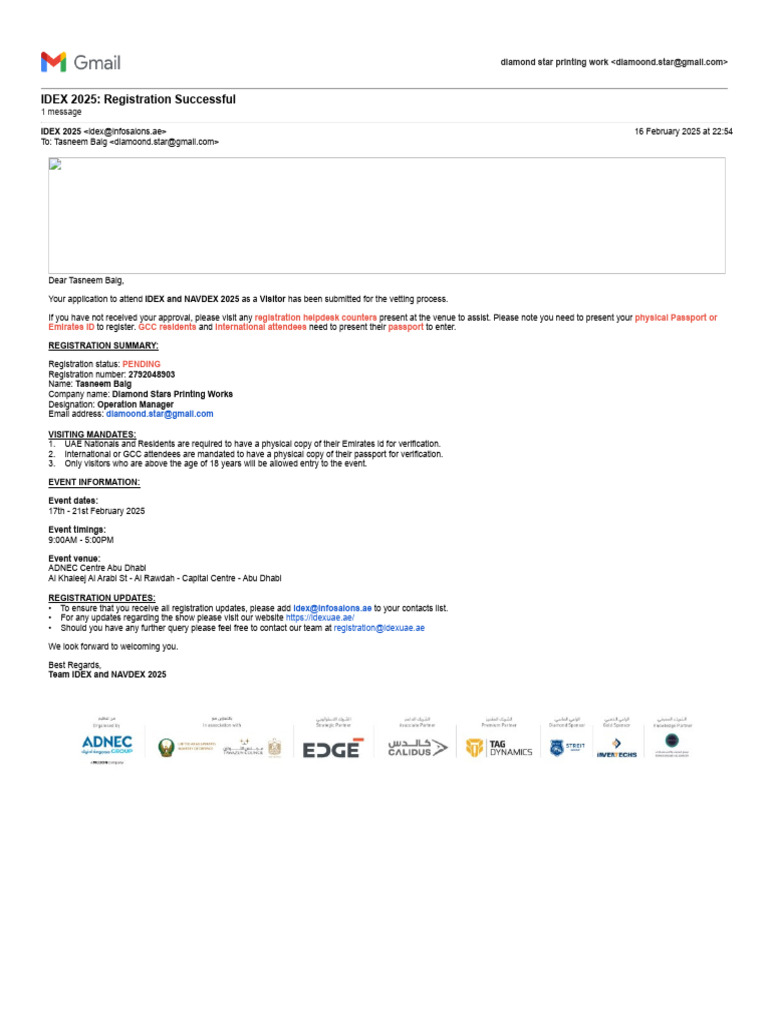 Tasneem-IDEX 2025_ Registration Successful | PDF