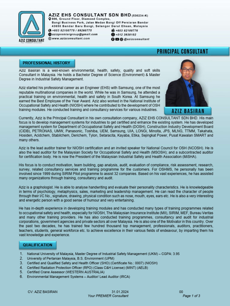Aziz Basiran: EHS Consultant Profile | PDF | Occupational Safety And Health