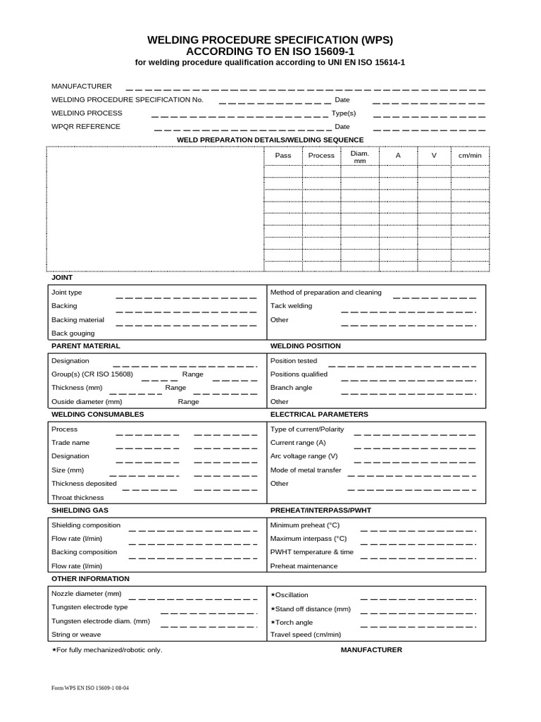 Welding Procedure Specification WPS EN ISO 15609-1 | PDF | Welding ...
