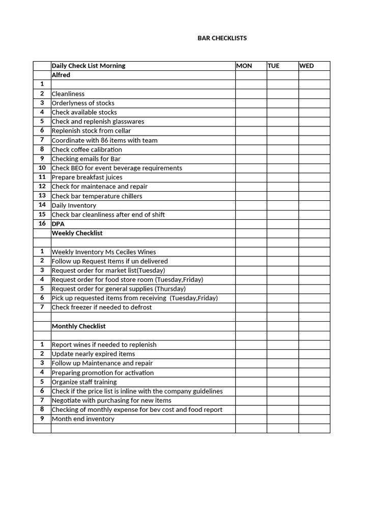 Bar Opening and Closing Checklist | PDF