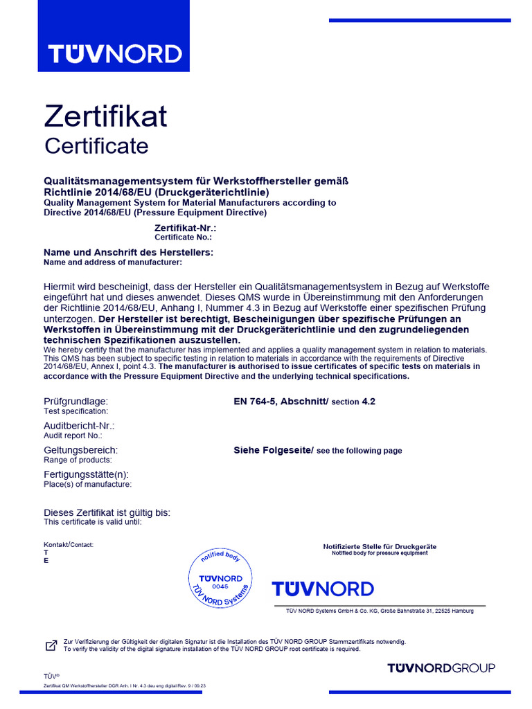 PED AD 2000 Merkblatt W0 Certificate | PDF | Pipe (Fluid Conveyance ...