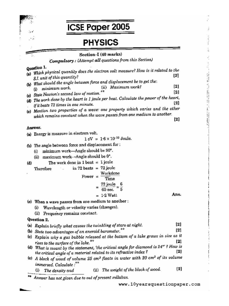 ICSE Board Exam - Physics Previous Year Solved Question Paper 2005 3 | PDF