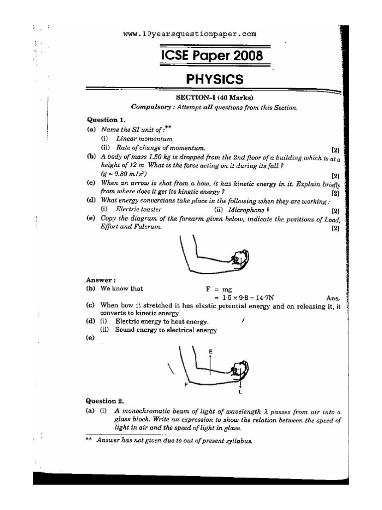 ICSE Board Exam- Physics previous year solved question paper 2008 | PDF