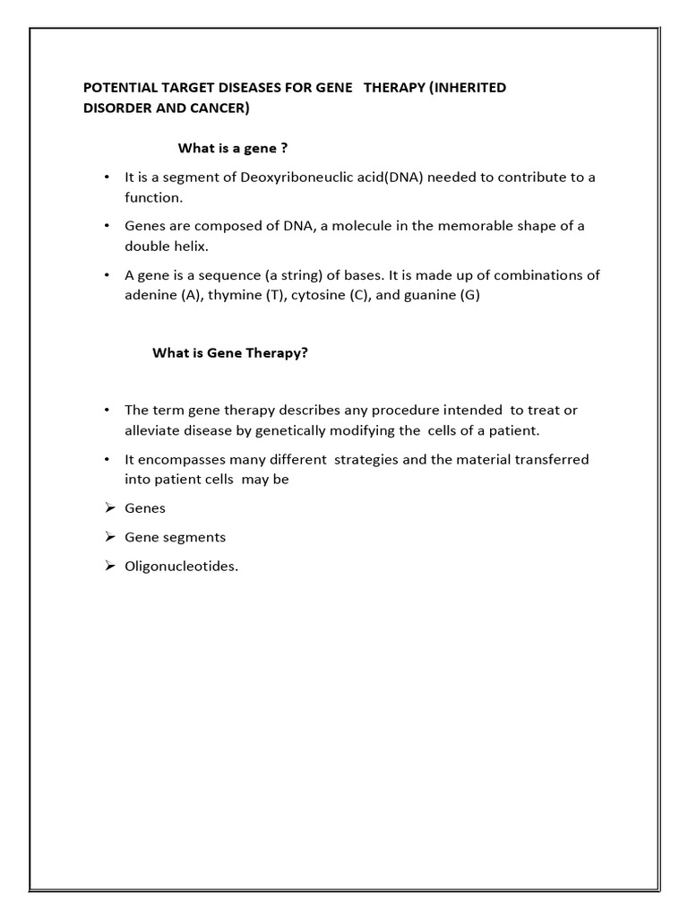Potential Target Diseases For Gene Therapy | PDF | Gene Therapy ...