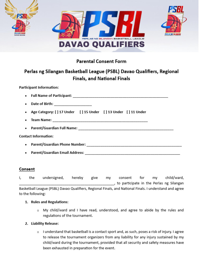 PSBL Davao Basketball Consent Form | PDF | Consent