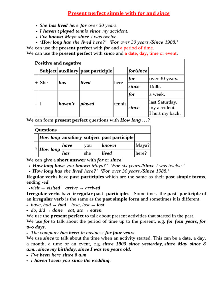 Present Perfect with For and Since | PDF | Perfect (Grammar) | Language ...