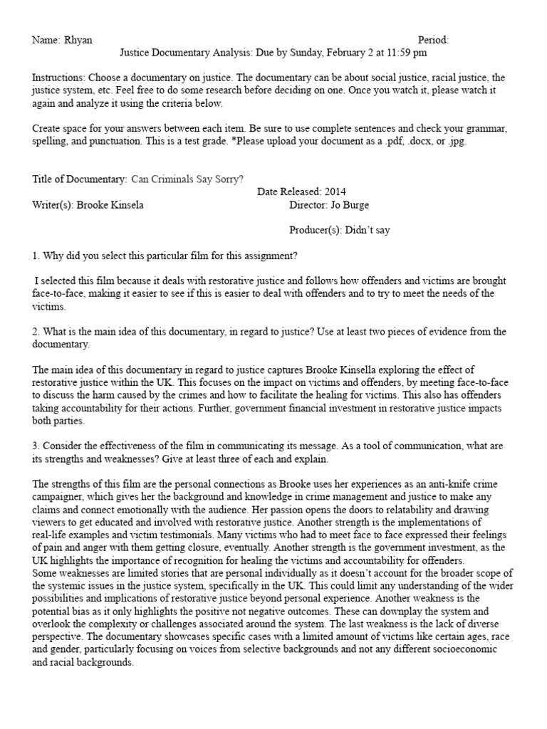 Justice Documentary Analysis Guide | PDF | Restorative Justice | Justice