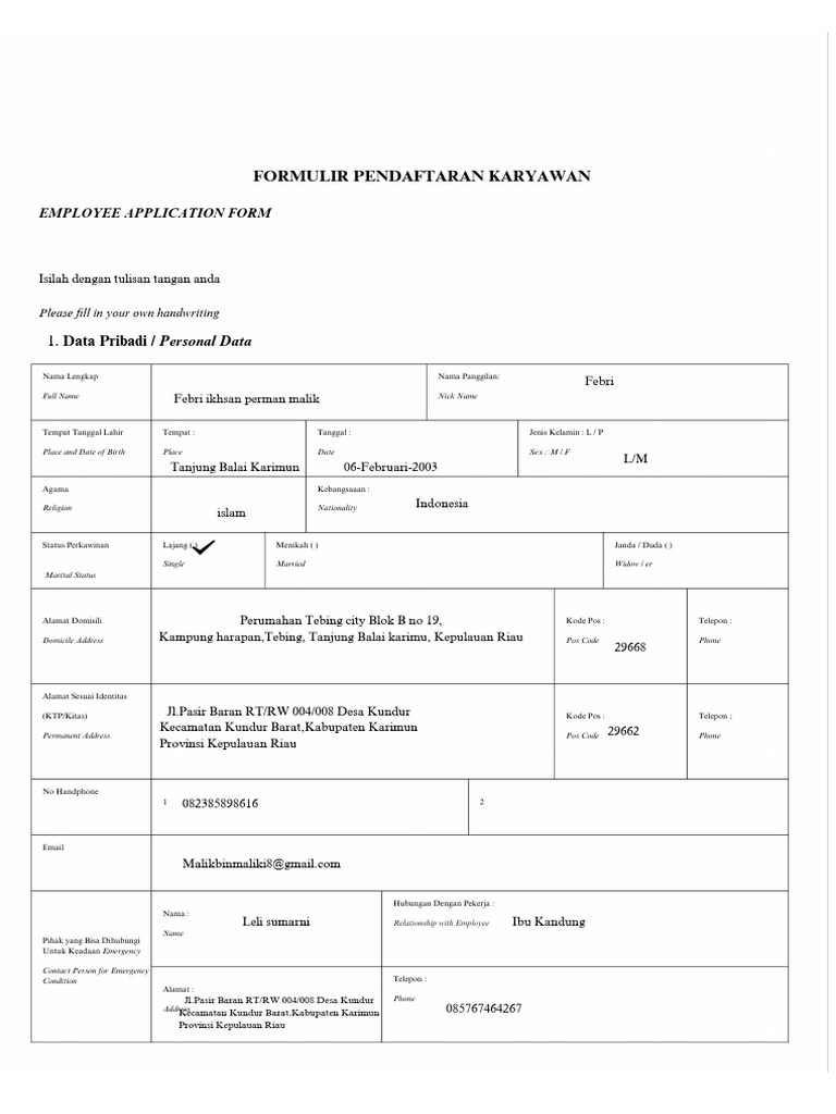 Formulir Pendaftaran Karyawan PT Ellco | PDF