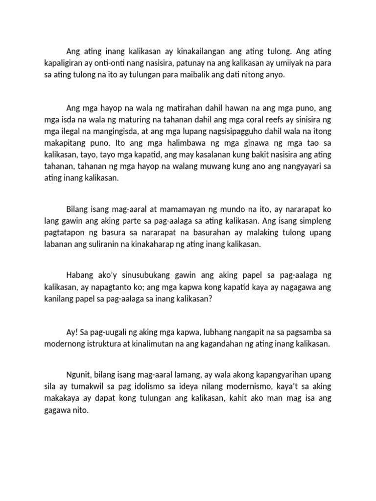 Ang Ating Inang Kalikasan Ay Kinakailangan Ang Ating Tulong | PDF