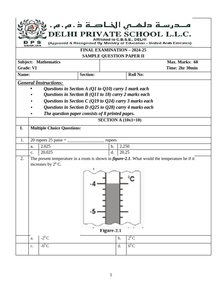 G6 SQP Ii Math Fe 2024 25 | PDF | Area