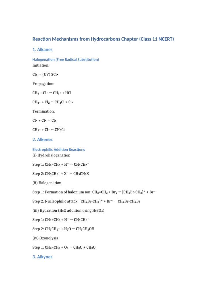 Hydrocarbon Reaction Mechanisms Class 11 | PDF