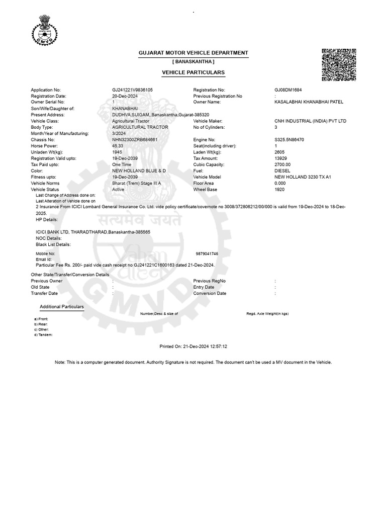 New Holland 3230 TX A1 Tractor Registration | PDF | Automotive Industry ...