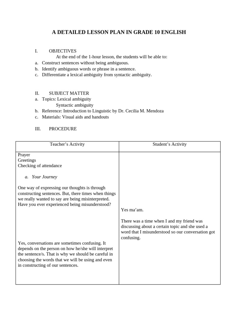 A-DETAILED-LESSON-PLAN-IN-GRADE-10-ENGLISH | PDF | Ambiguity | Phrase
