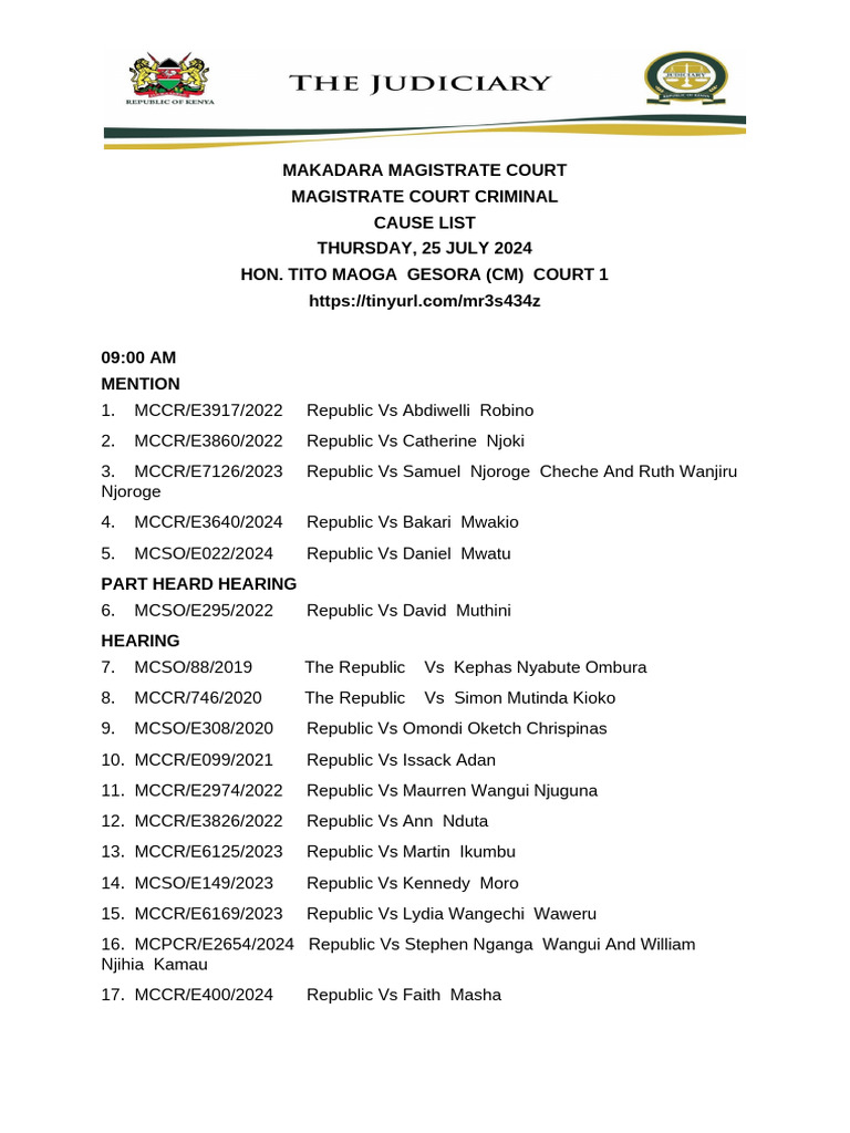 Makadara Court Cause List - July 25, 2024 | PDF