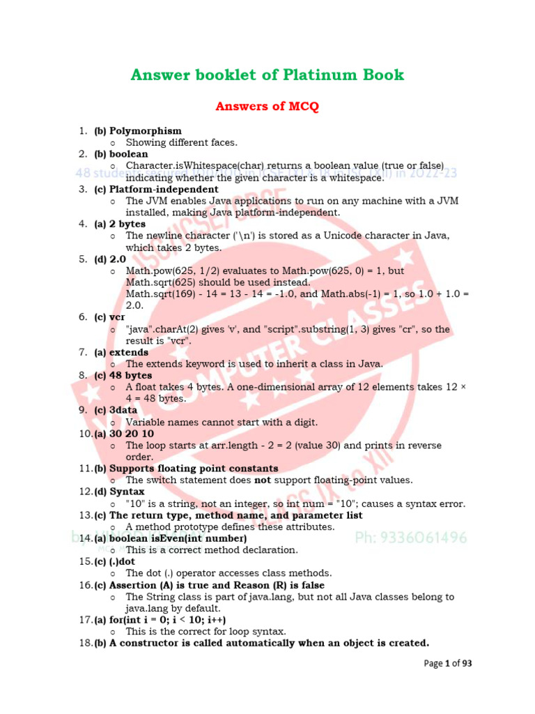 Java MCQ Answer Key and Explanations | PDF | Method (Computer ...
