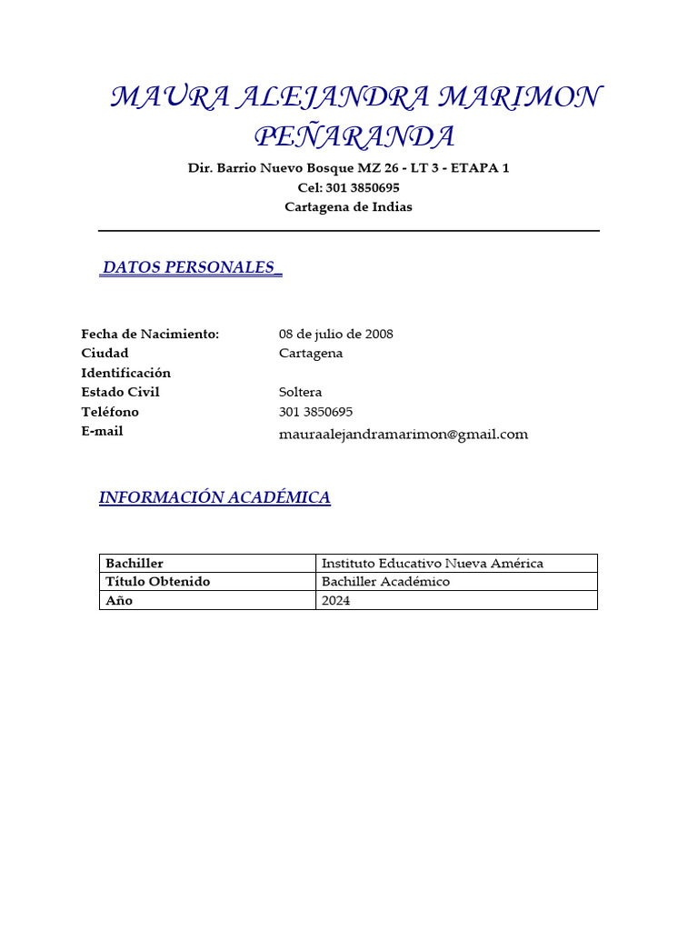 Hoja de Vida Maura Marimon | PDF