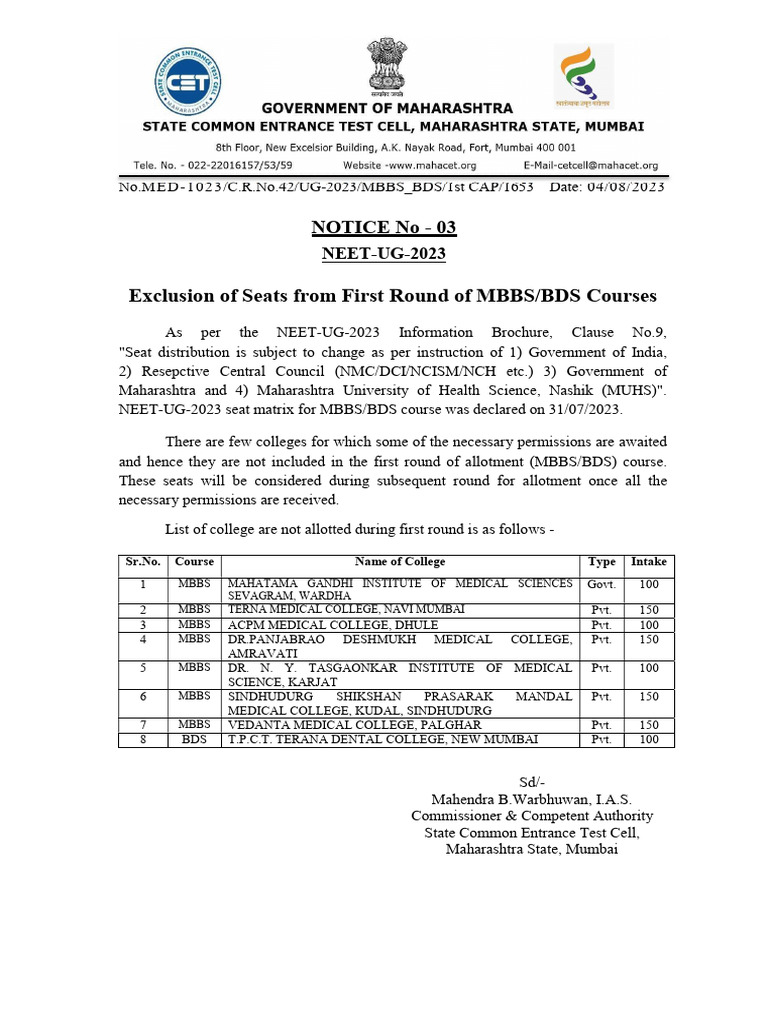 Maharashtra Seats Exclusion Notice UG Round 1 | PDF