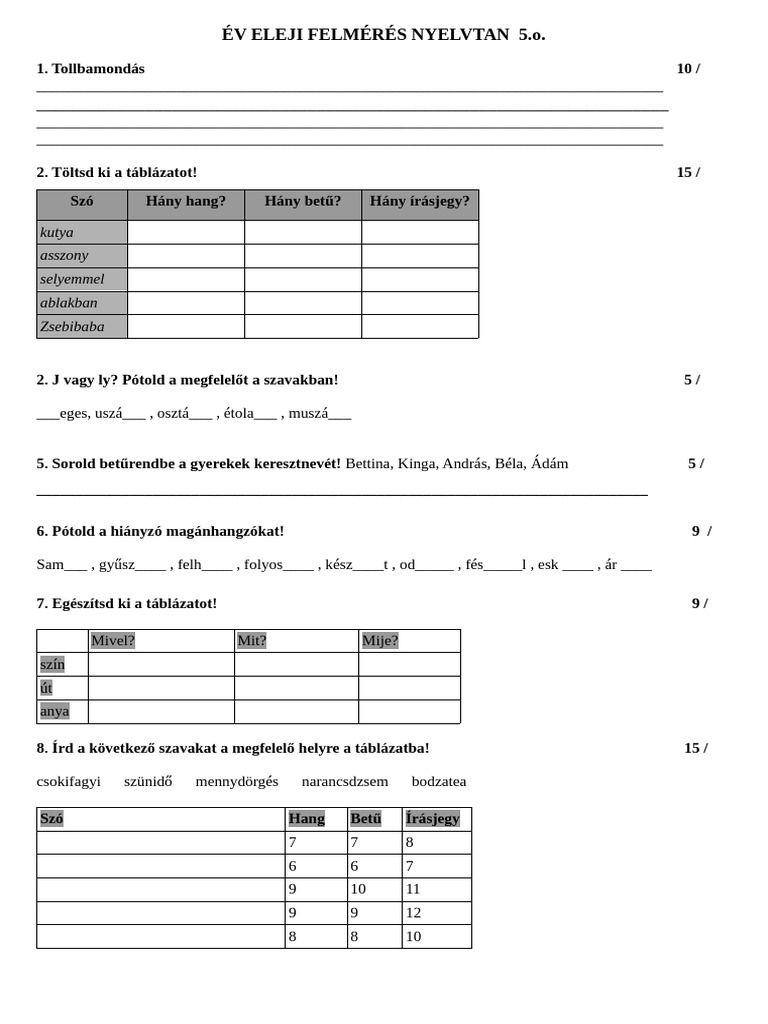 Év Eleji Felmérés 5. Nyelvtan | PDF