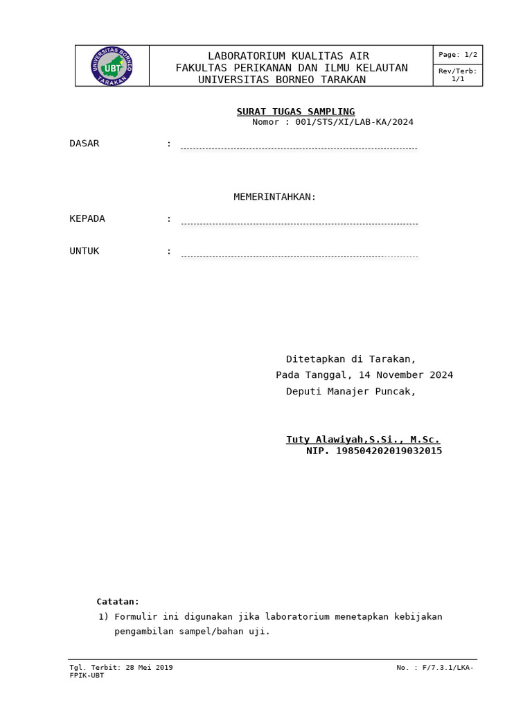Surat Tugas Sampling FPIK UBT | PDF