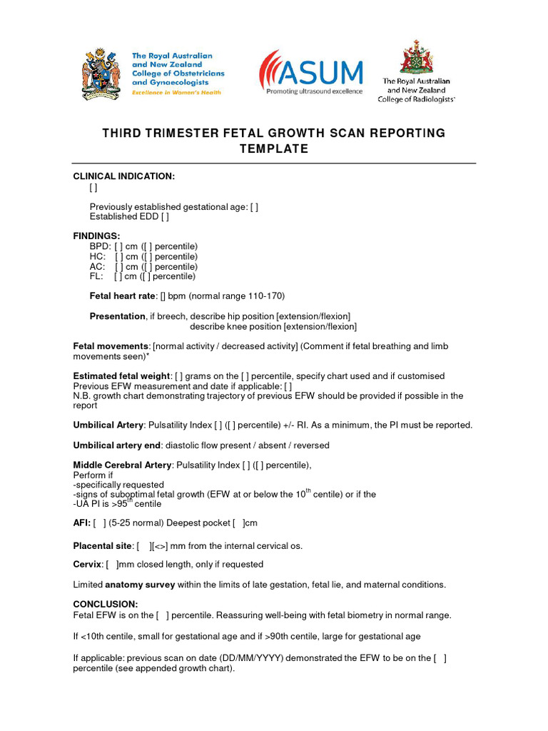 Third Trimester Fetal Growth Scan Reporting Template | PDF | Fetus ...