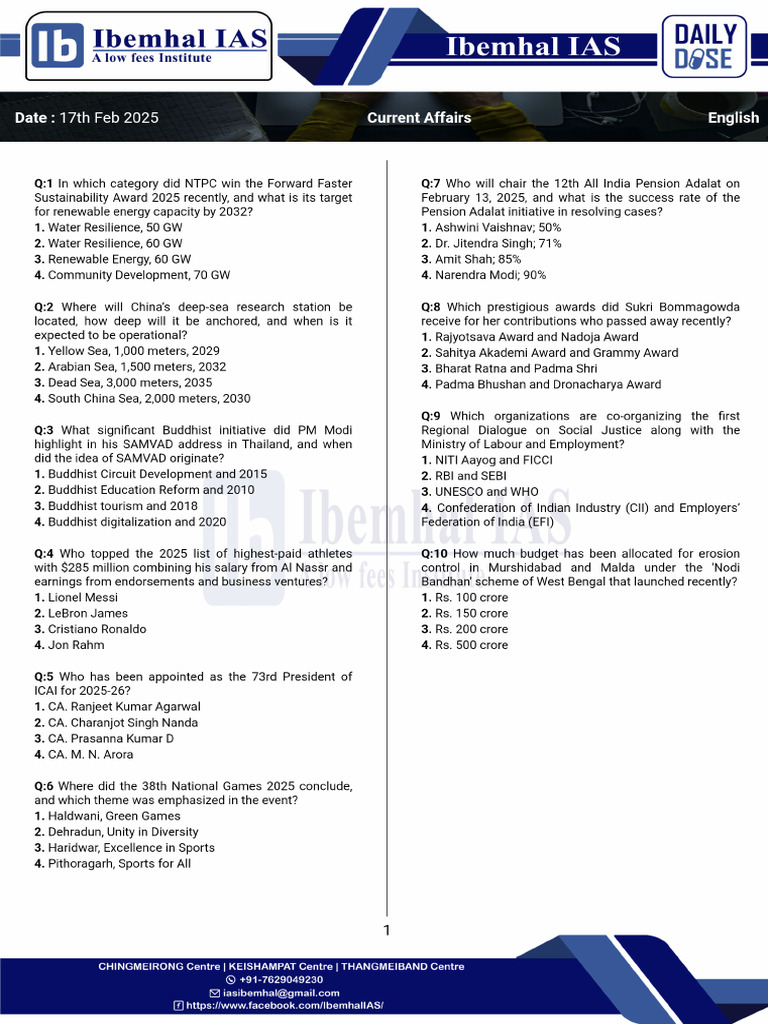 Current Affairs - English - 17th Feb 2025 | PDF