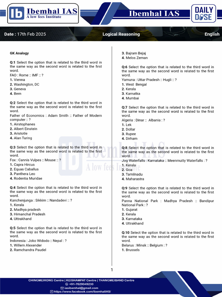 Logical Reasoning - English - 17th Feb 2025 | PDF