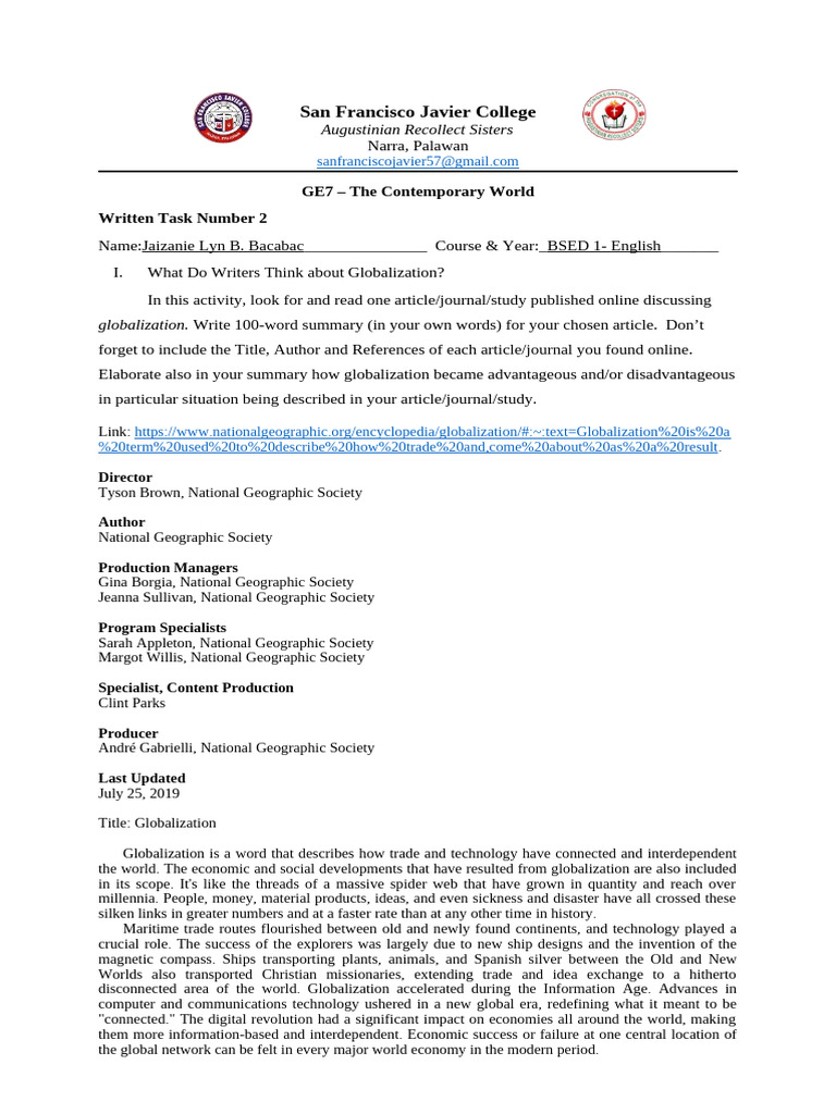 Written Task 2 Bacabac Contemporary | PDF | Globalization | Knowledge